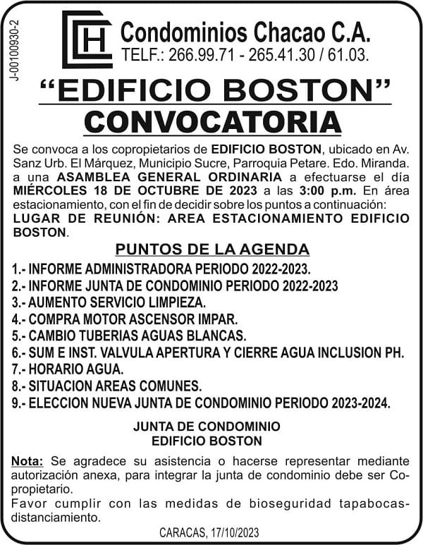 CONVOCATORIA EDIFICIO BOSTON